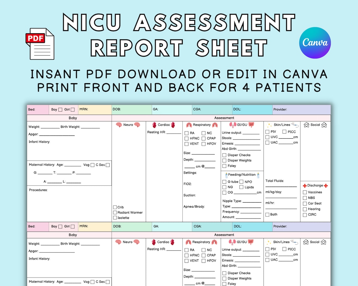 NICU Nurse Report Sheet: Neonatal Handoff, Editable & Printable (canva ...