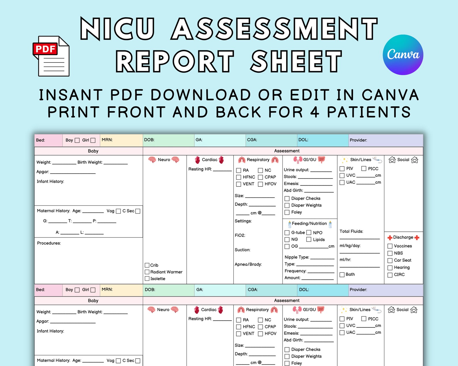 NICU Nurse Report Sheet: Neonatal Handoff, Editable & Printable (canva ...