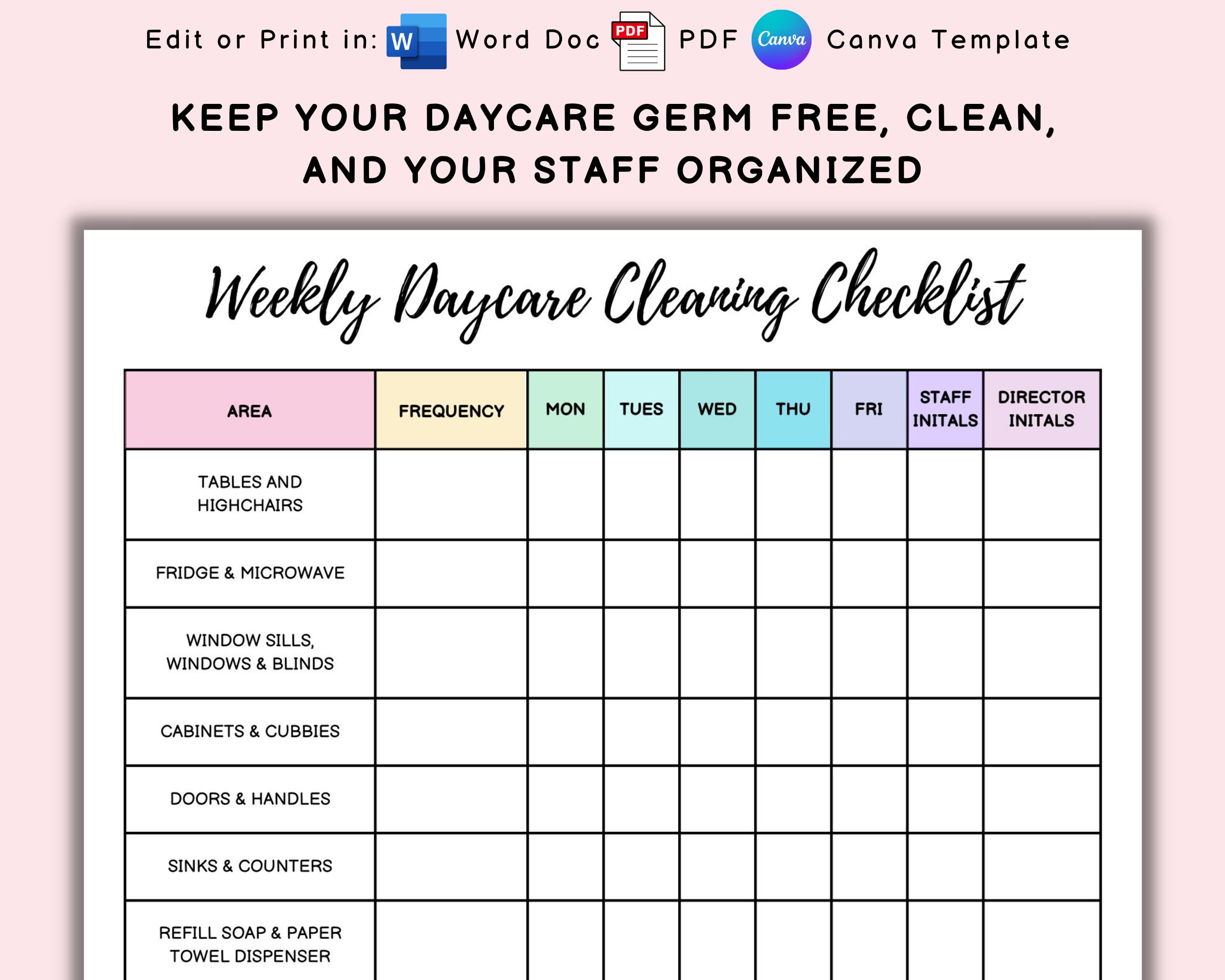 Daycare Cleaning Checklist: Editable Weekly Planner (word, PDF, Canva ...