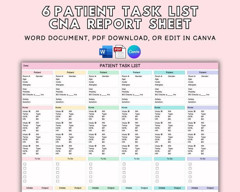 CNA Task List, Vital Signs Log W/ I&O, CNA Report Sheet 6 Patients, Patient Care Tech, CNA Shift ...
