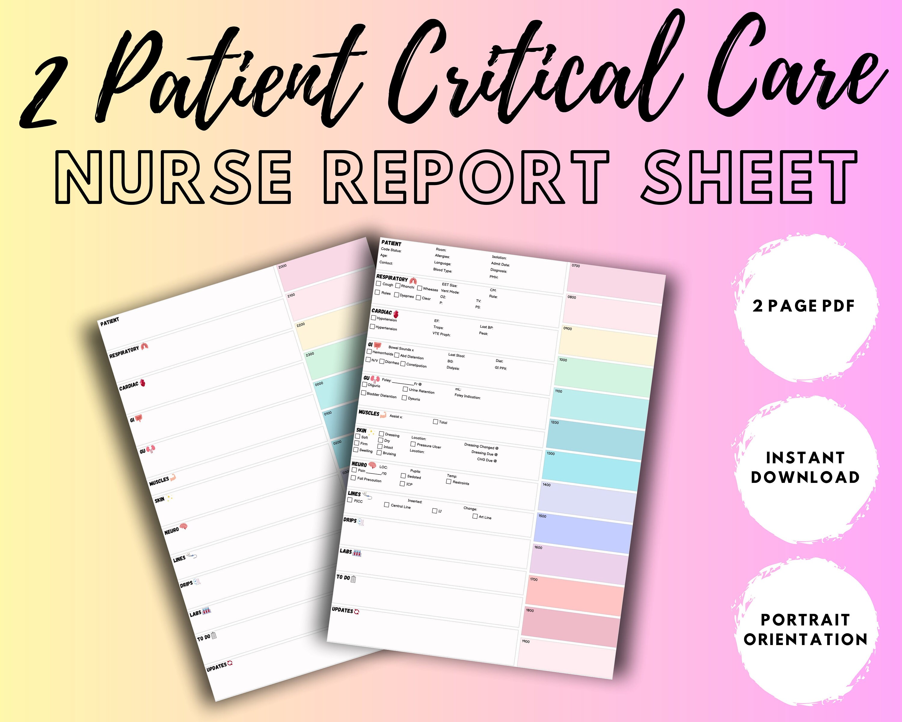 ICU Report Sheet, 2 Patient ICU Report Sheet, Critical Care Report ...