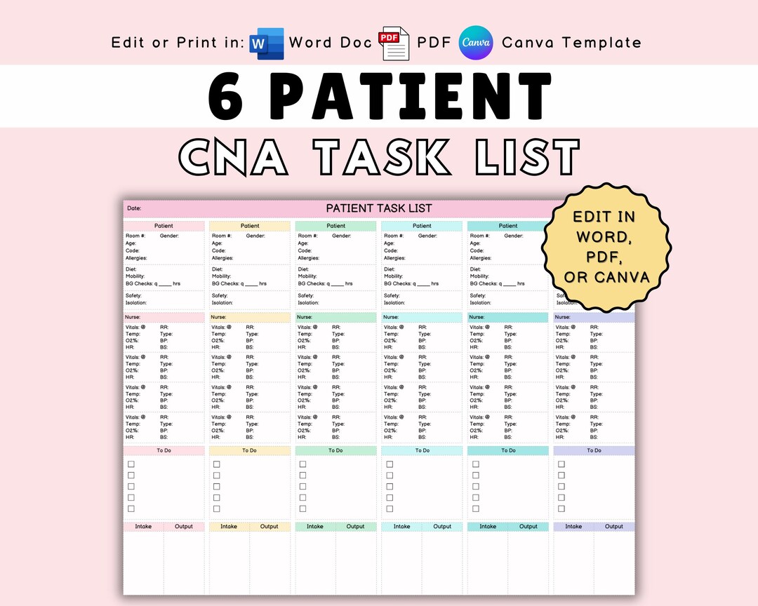 6 Patient CNA Task List: Vital Signs Log & Shift Planner (PDF, Word ...