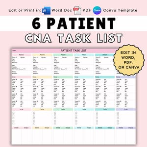 6 Patient CNA Task List: Vital Signs Log & Shift Planner (PDF, Word ...