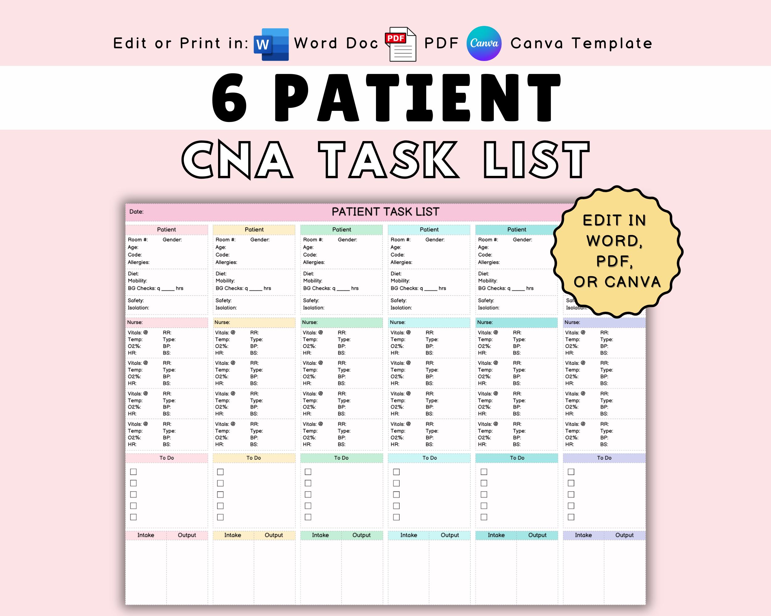 6 Patient CNA Task List: Vital Signs Log & Shift Planner (PDF, Word ...