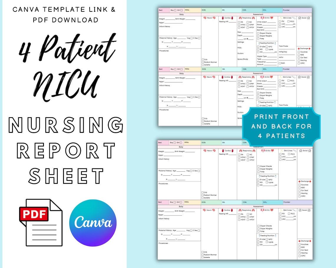 NICU Nurse Report Sheet: Neonatal Handoff, Editable & Printable (canva ...