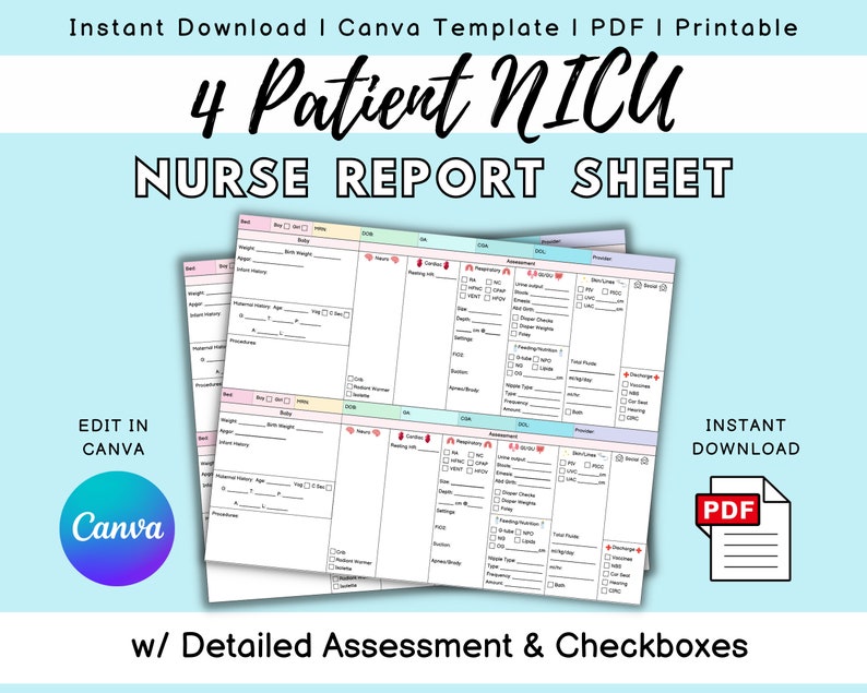 NICU Nurse Report Sheet: Neonatal Handoff, Editable & Printable (canva ...