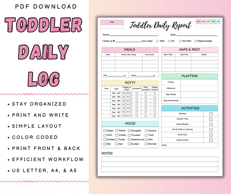 Printable Toddler Daily Log: Daycare & Nanny Report (PDF) - Etsy