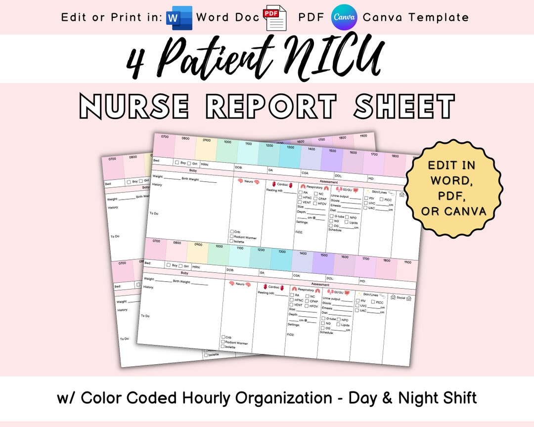 Editable NICU Nurse Report Sheet: Day & Night Shift (word, PDF, Canva ...