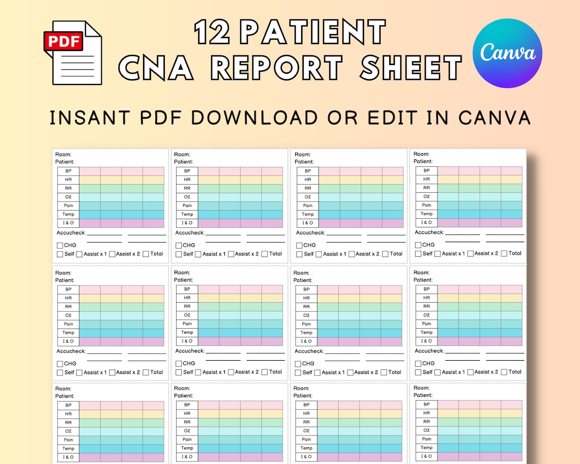 12 Patient CNA Report Sheet: Vital Signs, I&O (canva Template, PDF) - Etsy