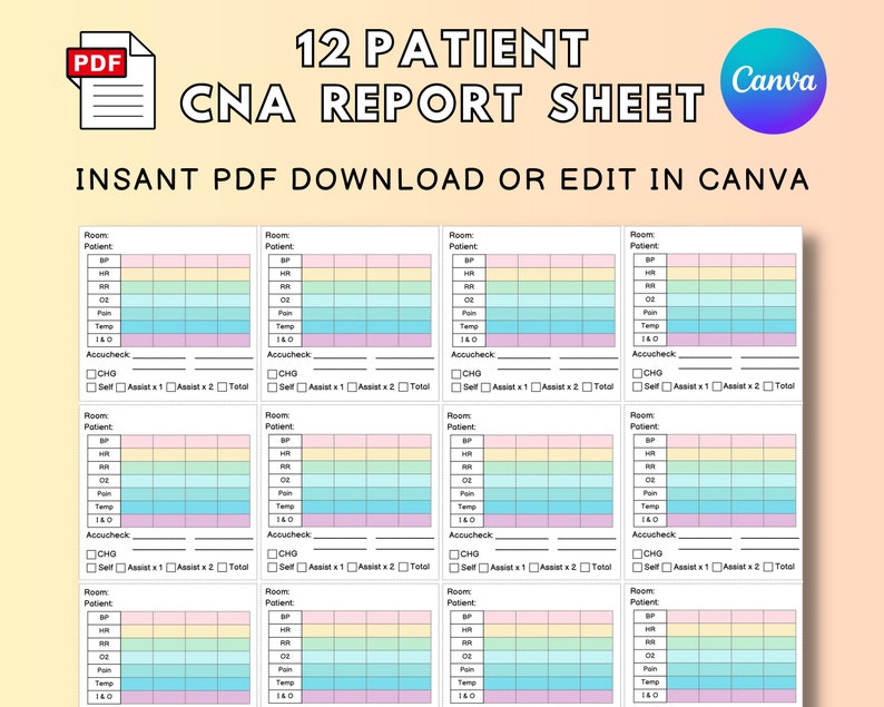 12 Patient CNA Report Sheet: Vital Signs, I&O (canva Template, PDF) - Etsy