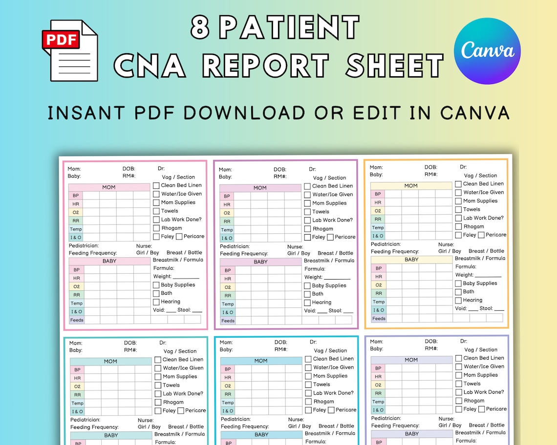 Editable CNA Report Sheet, Patient Care Tech/nurse Assistant Report ...