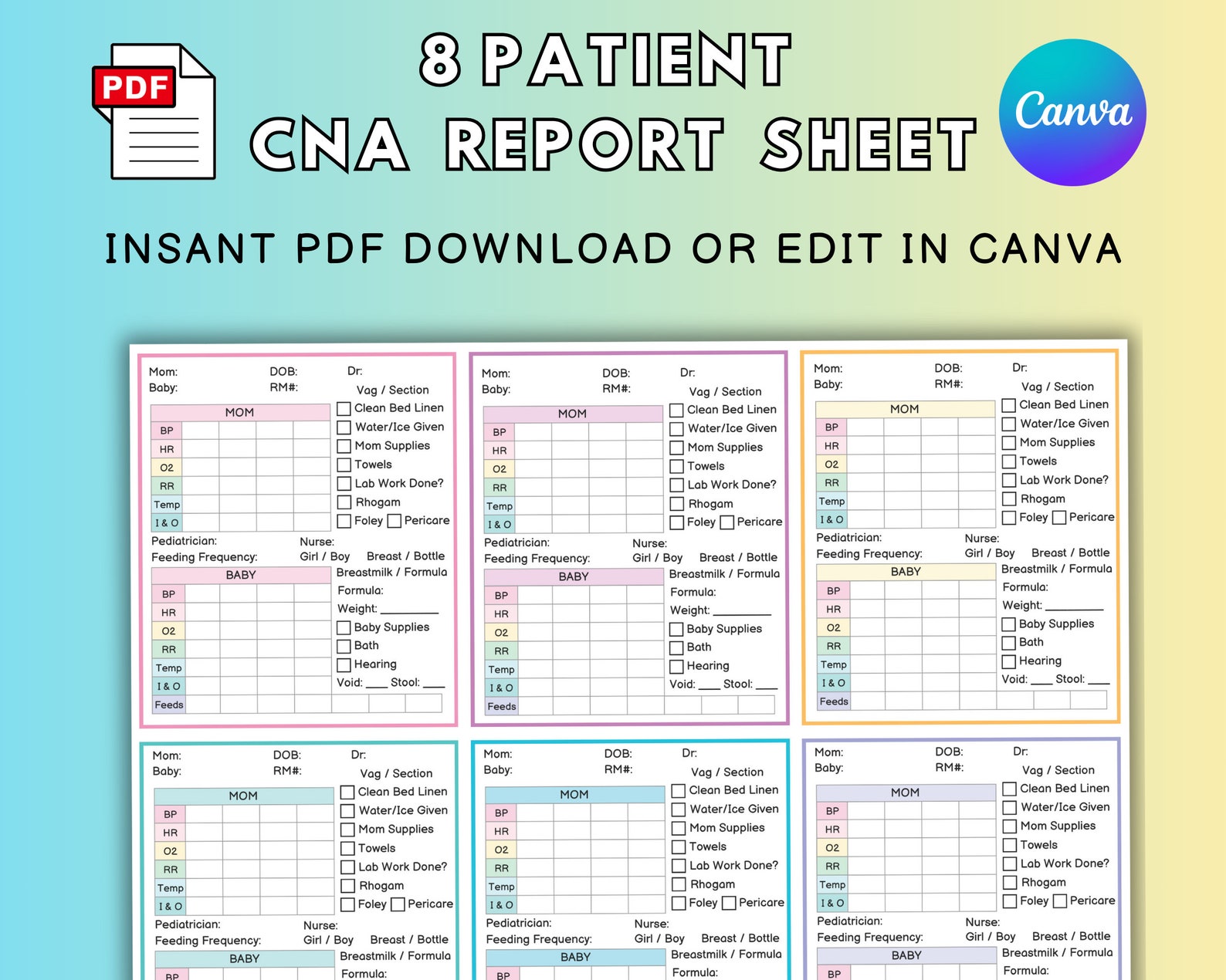 Editable CNA Report Sheet: 8 Patient Vital Signs (PDF & Canva) - Etsy