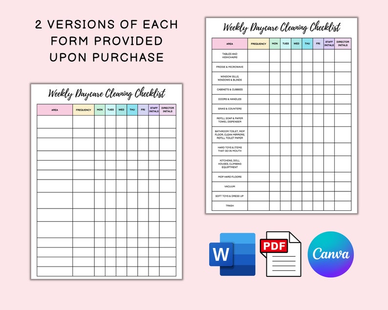 Daycare Cleaning Checklist: Editable Weekly Planner (word, PDF, Canva ...
