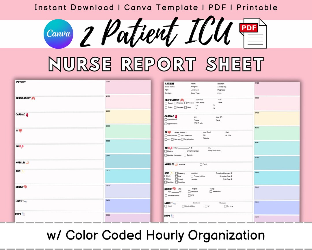 ICU Nurse Report Sheet: 2 Patient ER Handoff Template (PDF, Canva) - Etsy