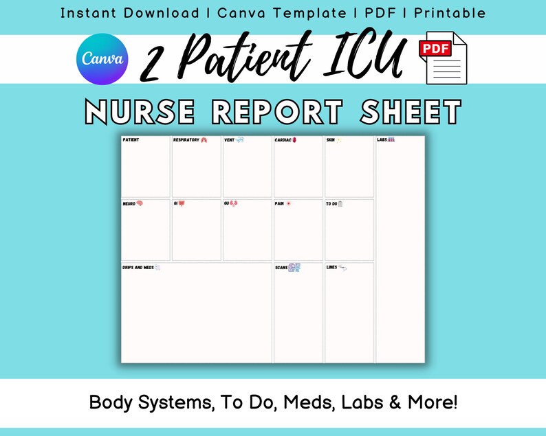 Editable ICU Nurse Report Sheet With Hourly Organization, ICU Nurse ...