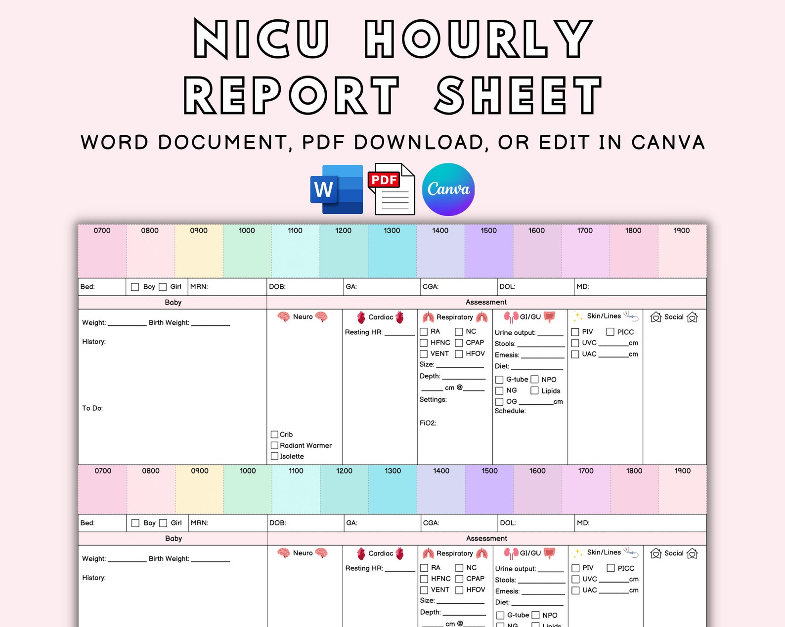 Editable NICU Nurse Report Sheet: Day & Night Shift (word, PDF, Canva ...