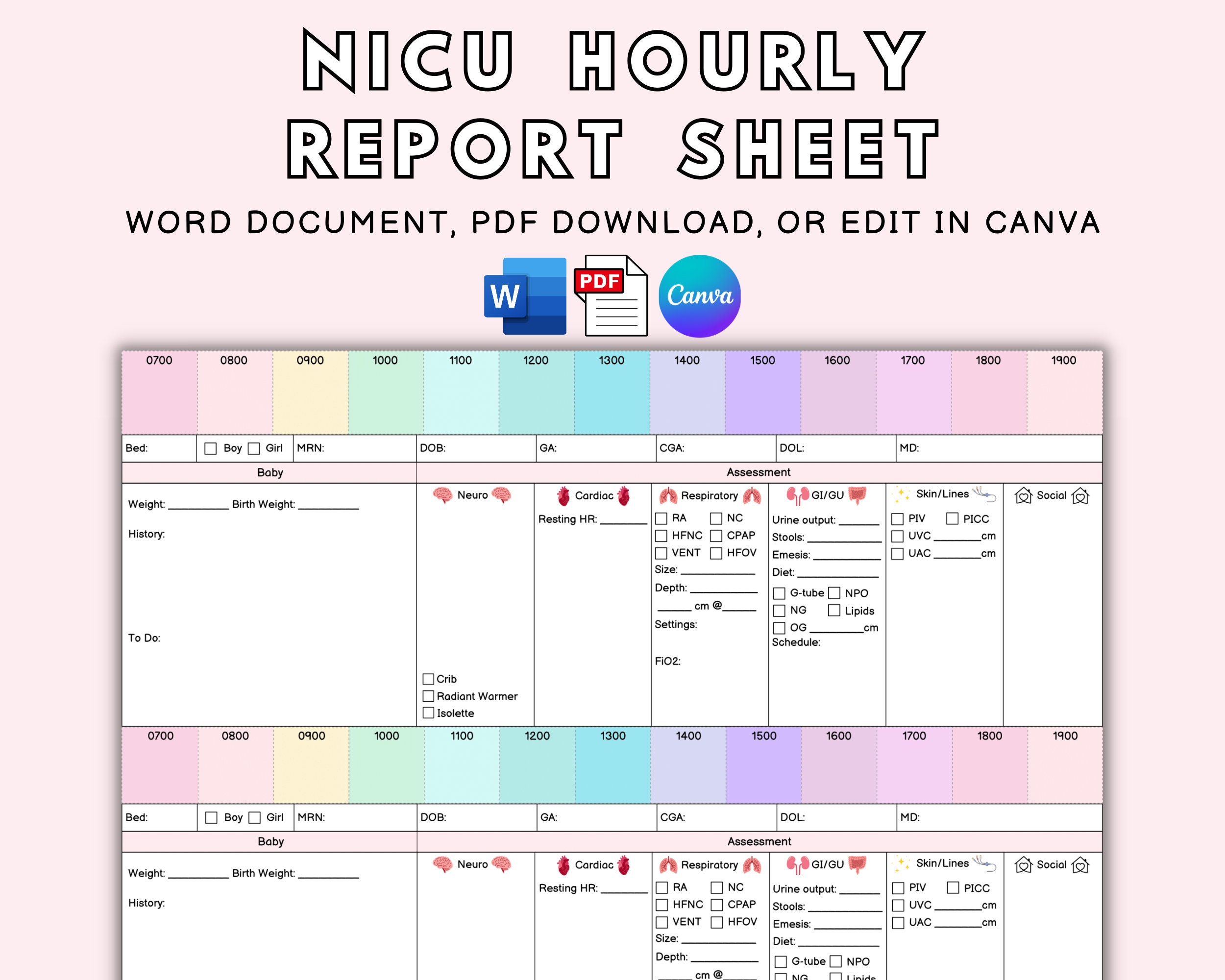 Editable NICU Nurse Report Sheet: Day & Night Shift (word, PDF, Canva ...