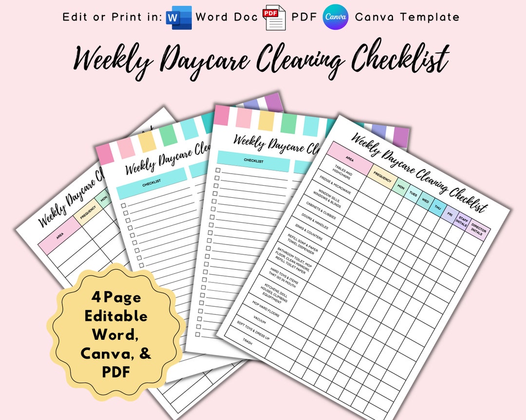 Daycare Cleaning Checklist: Editable Weekly Planner (word, PDF, Canva ...