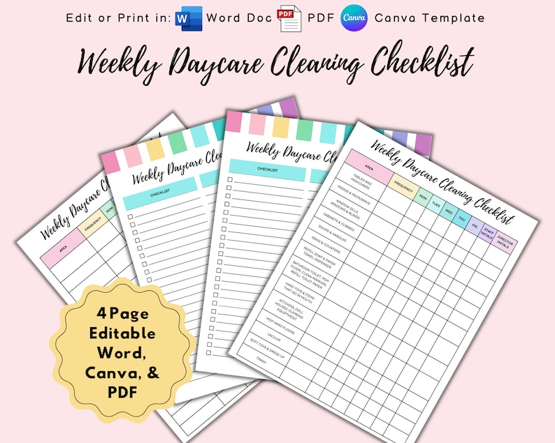 Daycare Cleaning Checklist: Editable Weekly Planner (word, PDF, Canva ...