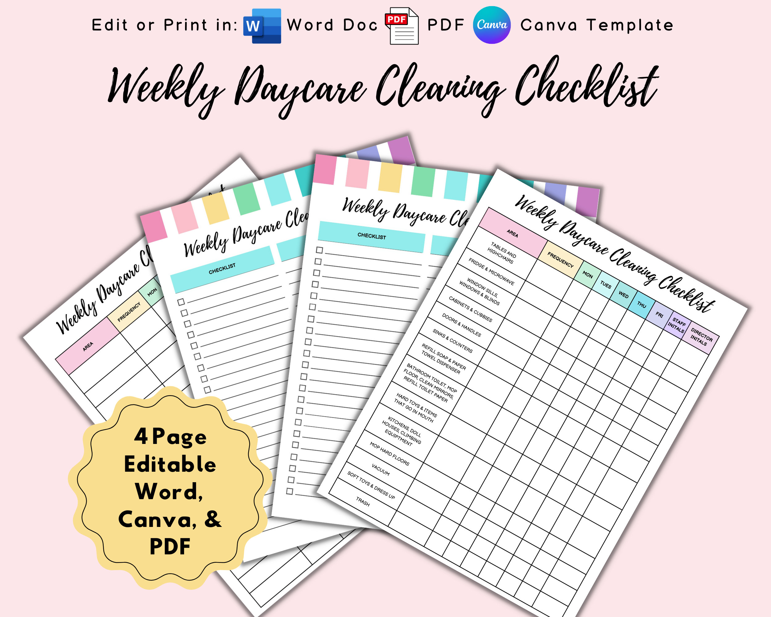 Daycare Cleaning Checklist: Editable Weekly Planner (word, PDF, Canva ...