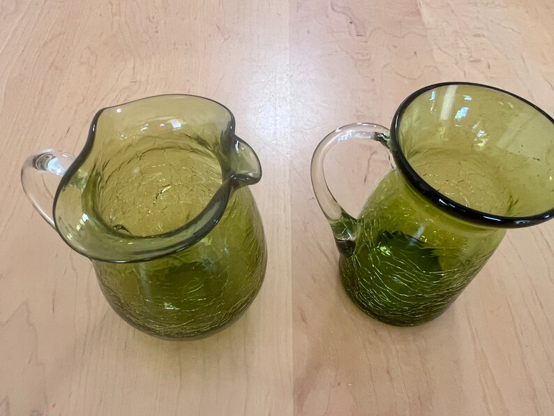 A Pair of Olive Green Blown Glass Crackle Pitchers - Etsy