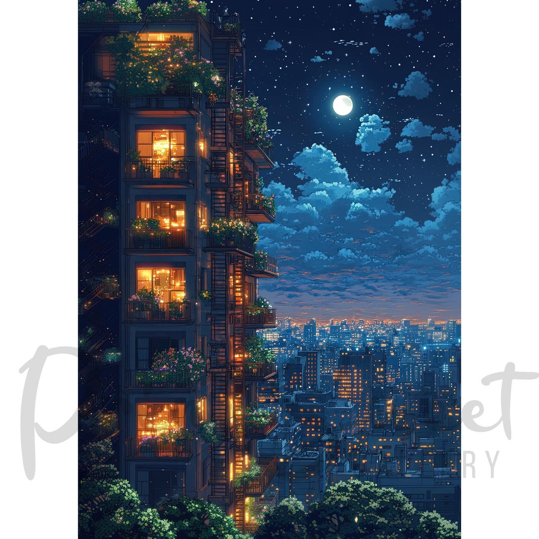 Full Moon Cityscape Art, Night City Full Moon Illustration, City at ...