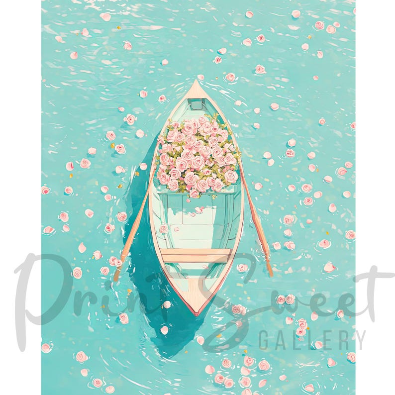 Blue Boat With Roses Illustration, Romantic Boat Art Print, Dreamy Boat ...
