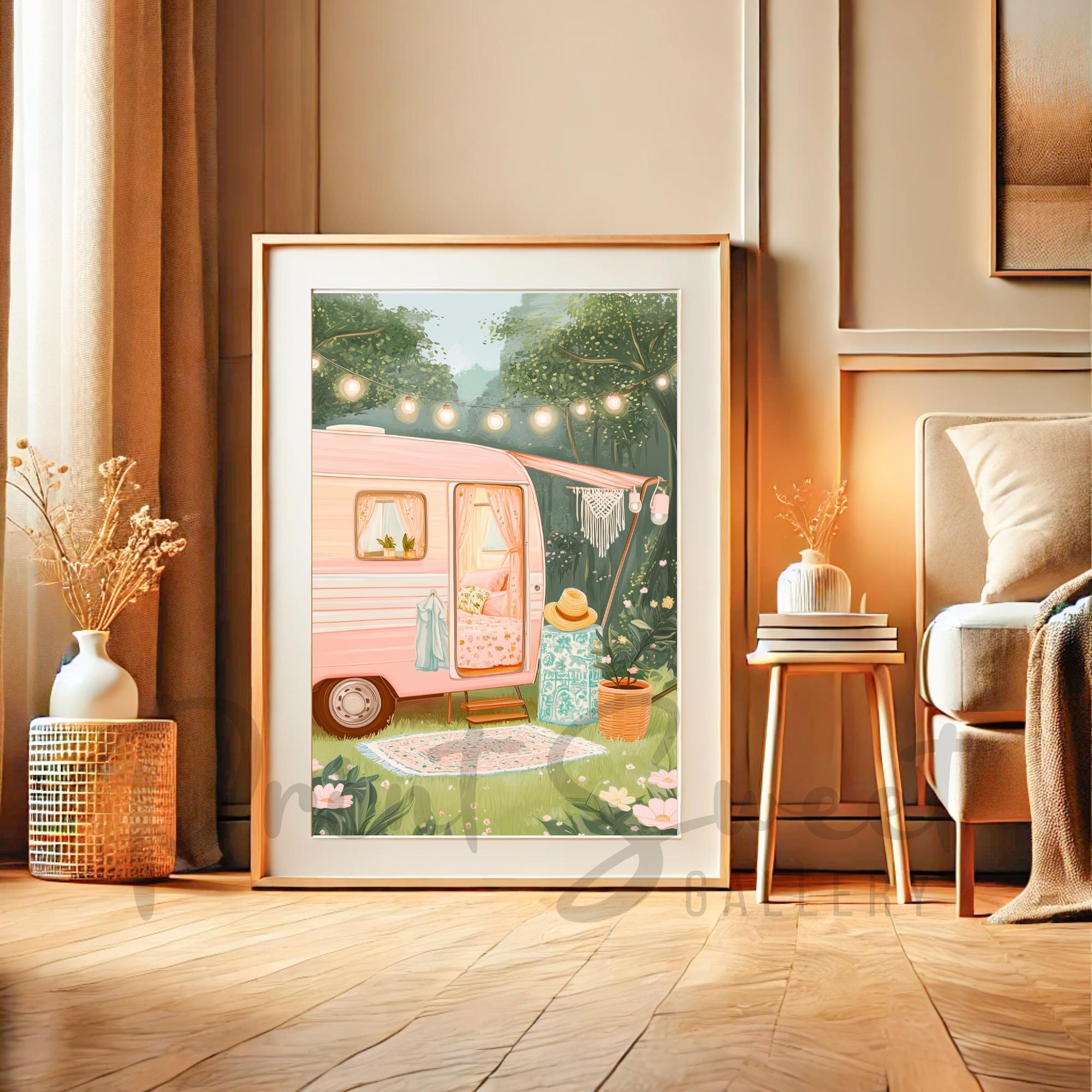 Illustration of the Exterior of a Vintage Caravan, Adorned With Soft ...