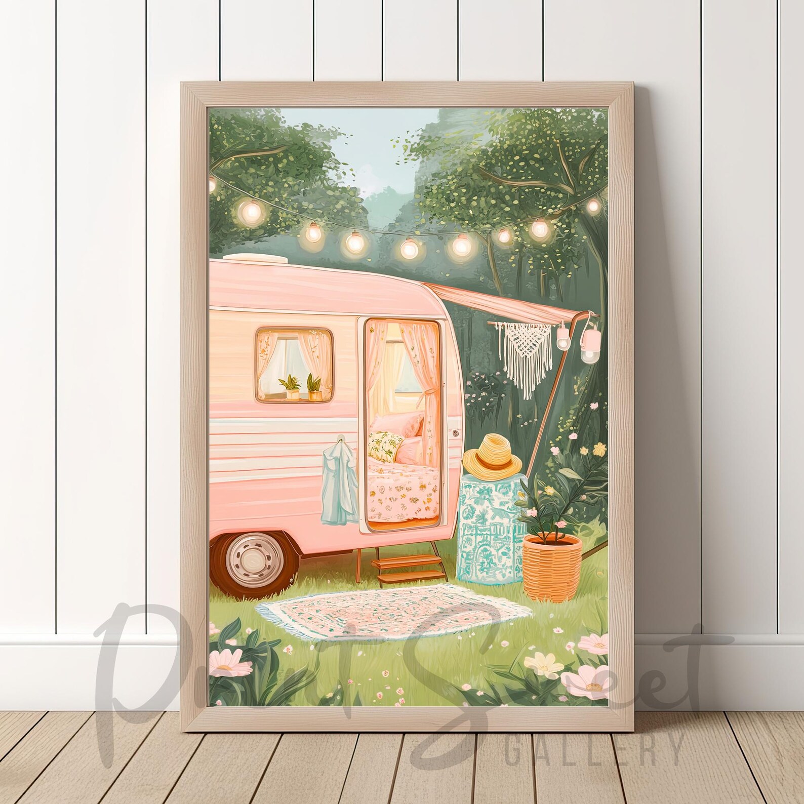 Illustration of the Exterior of a Vintage Caravan, Adorned With Soft ...