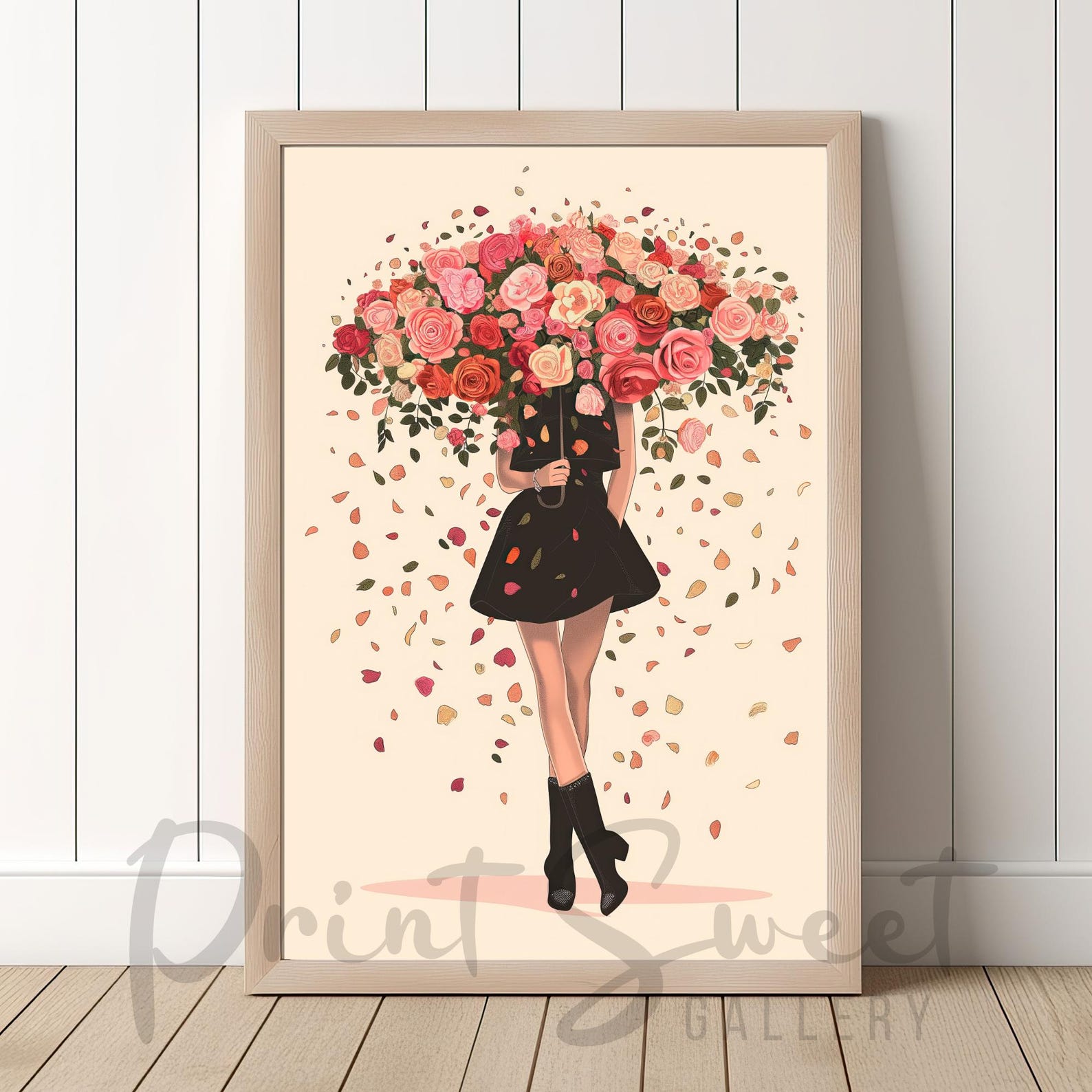 Girl With Floral Umbrella Art,summer Floral Girl Illustration,colorful ...