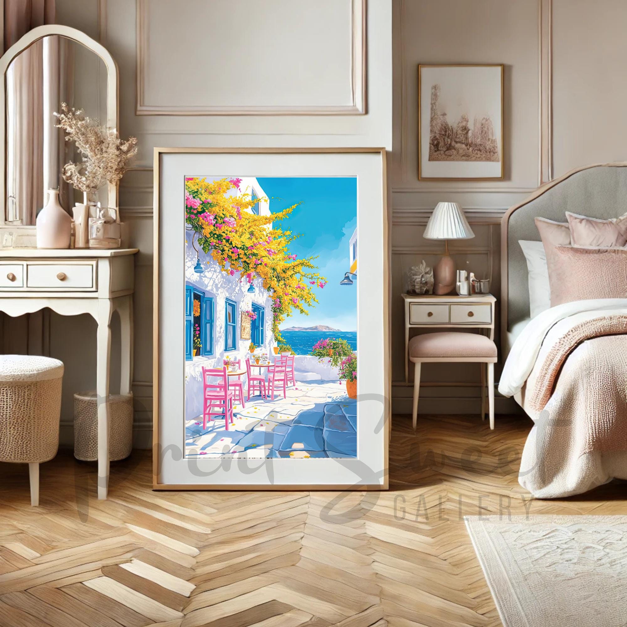 Greek Art Illustration: an Outdoor Cafe in Greece With Pink Tables and ...