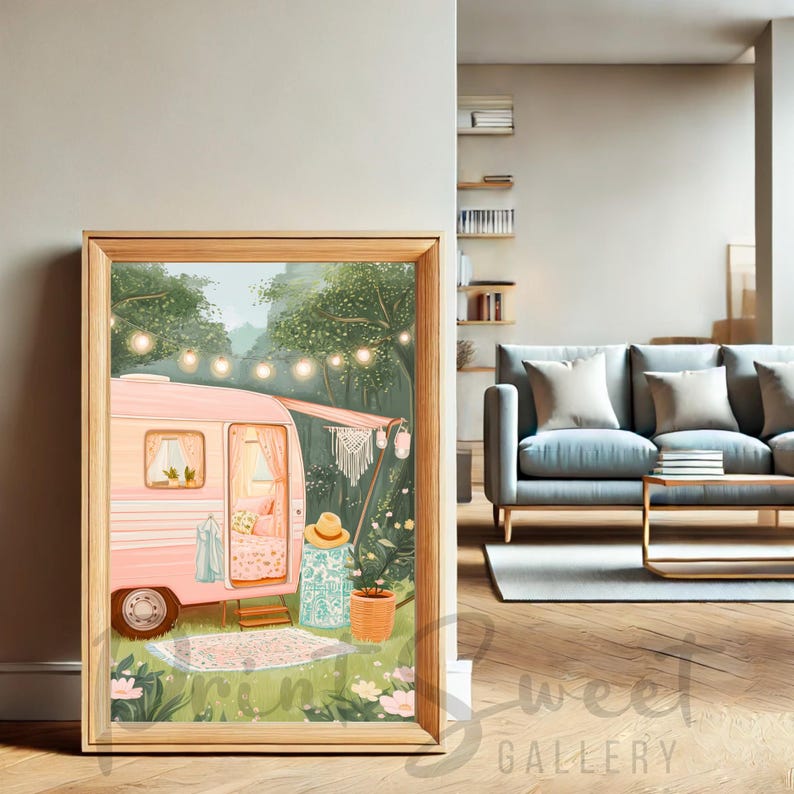 Illustration of the Exterior of a Vintage Caravan, Adorned With Soft ...