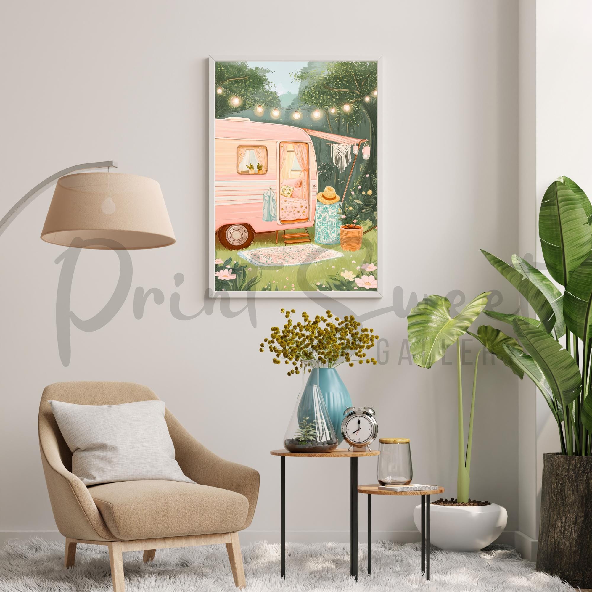 Illustration of the Exterior of a Vintage Caravan, Adorned With Soft ...
