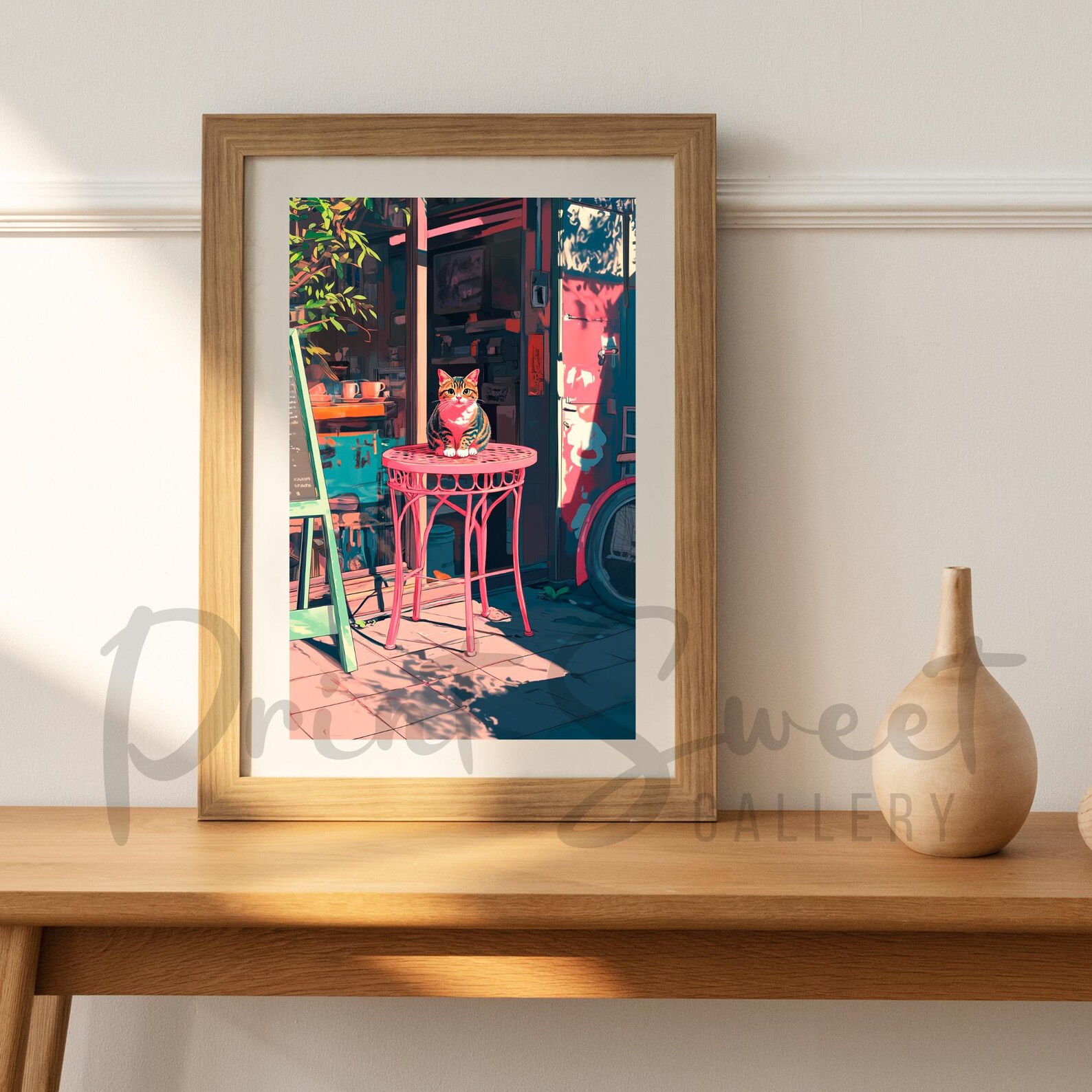 Cafe Cat Art, Street Cat Cafe Illustration, Cat Sitting Cafe Table Art ...