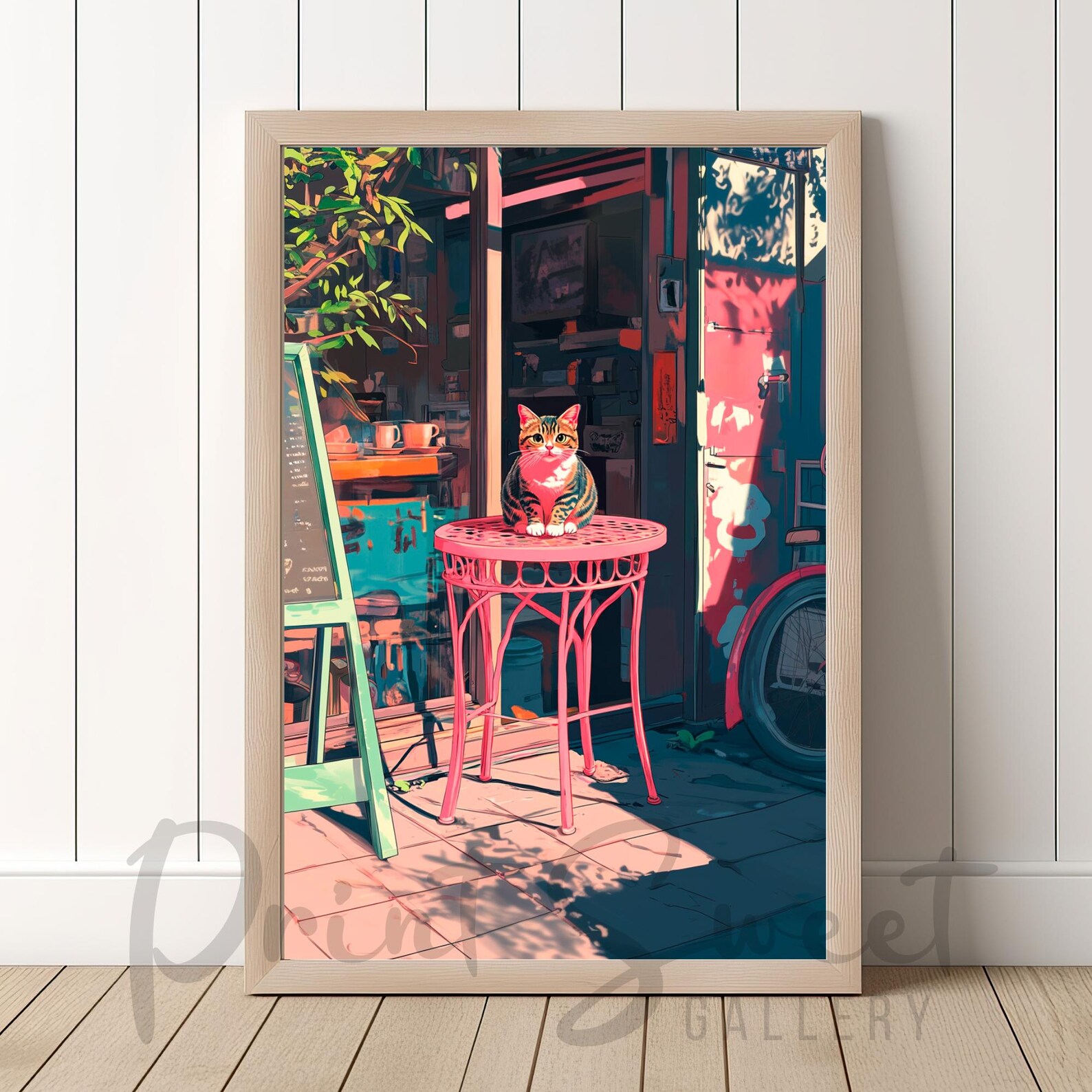 Cafe Cat Art, Street Cat Cafe Illustration, Cat Sitting Cafe Table Art ...