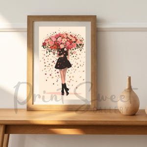 Girl With Floral Umbrella Art,summer Floral Girl Illustration,colorful ...