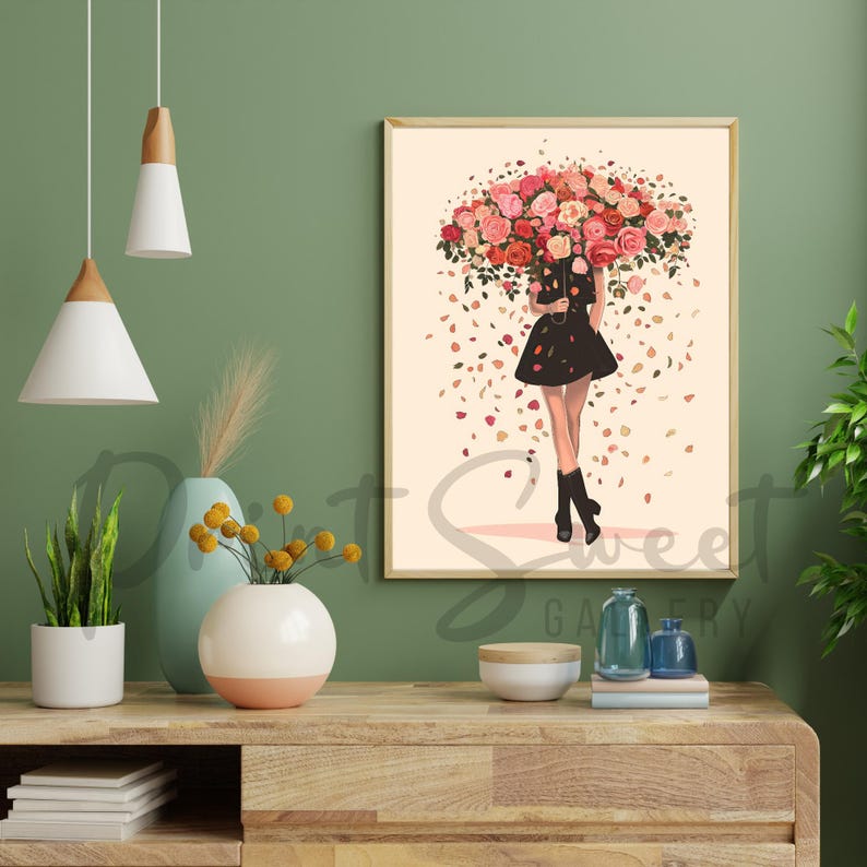 Girl With Floral Umbrella Art,summer Floral Girl Illustration,colorful ...