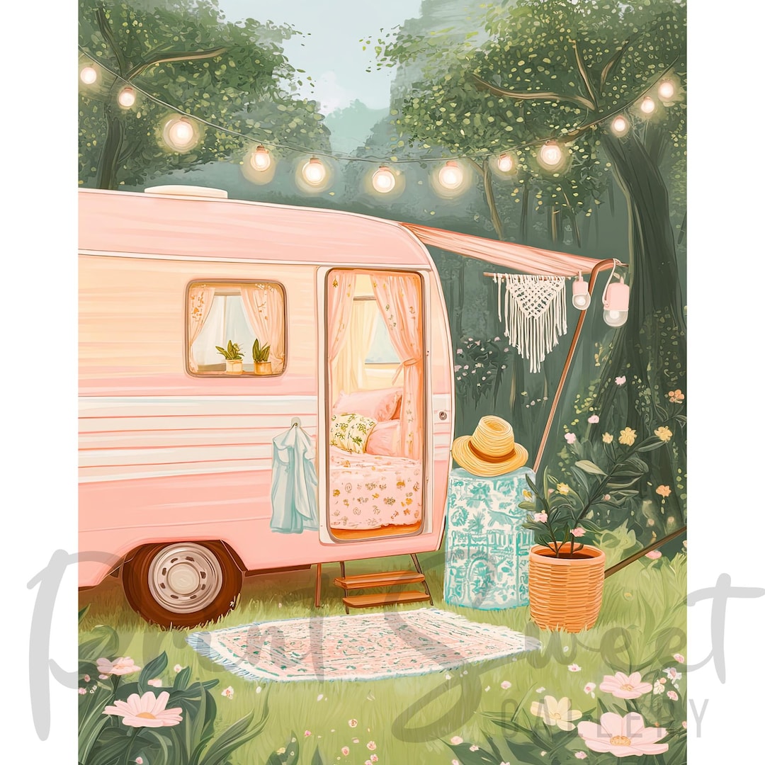 Illustration of the Exterior of a Vintage Caravan, Adorned With Soft ...
