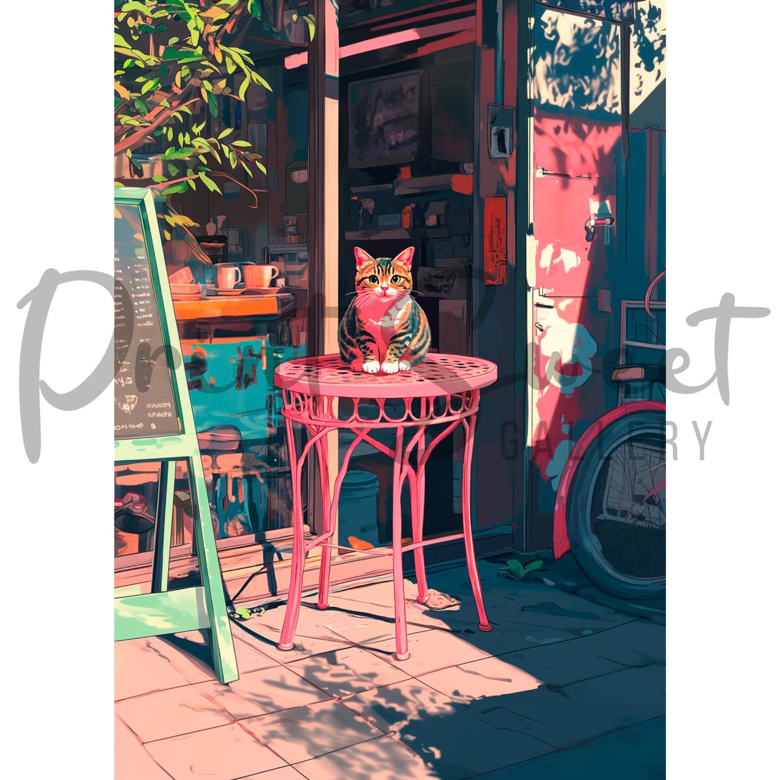 Cafe Cat Art, Street Cat Cafe Illustration, Cat Sitting Cafe Table Art ...