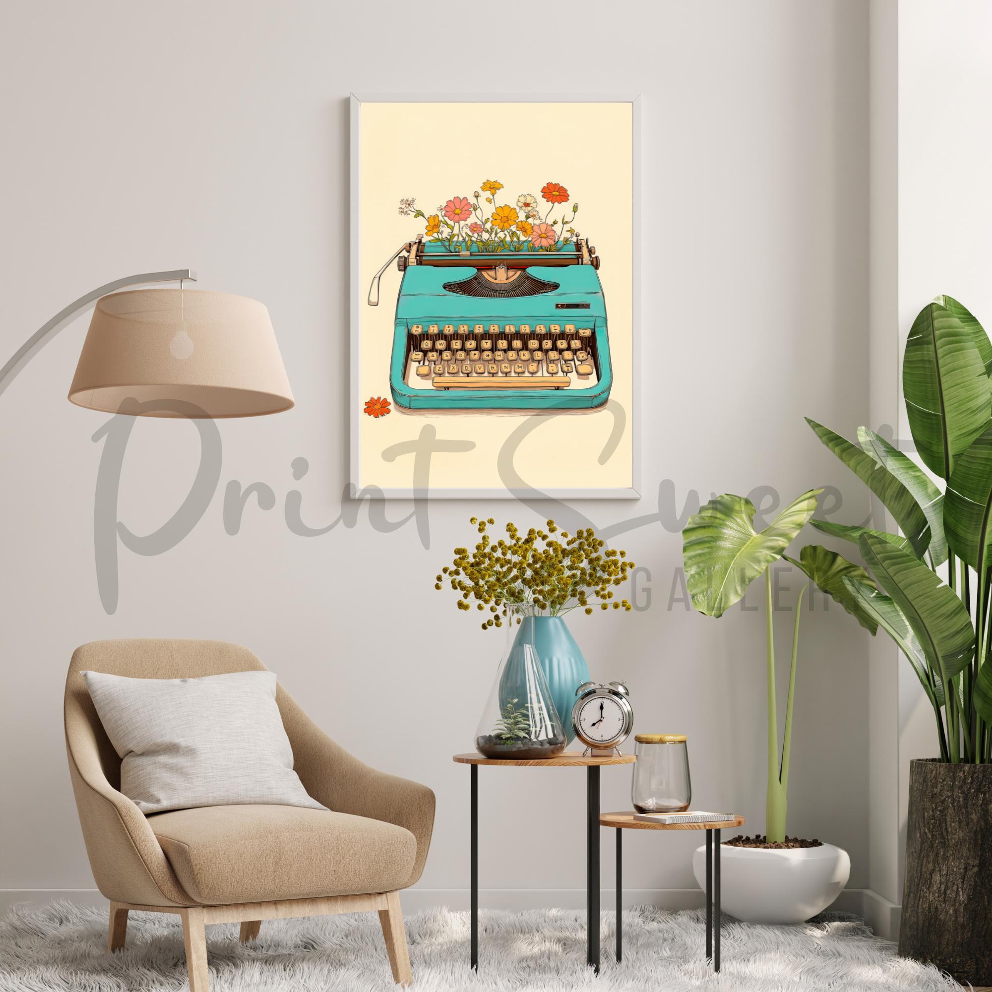 Vintage Typewriter With Flowers Art, Blue Typewriter With Floral Design ...