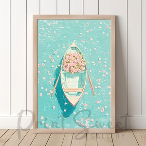 Blue Boat With Roses Illustration, Romantic Boat Art Print, Dreamy Boat ...