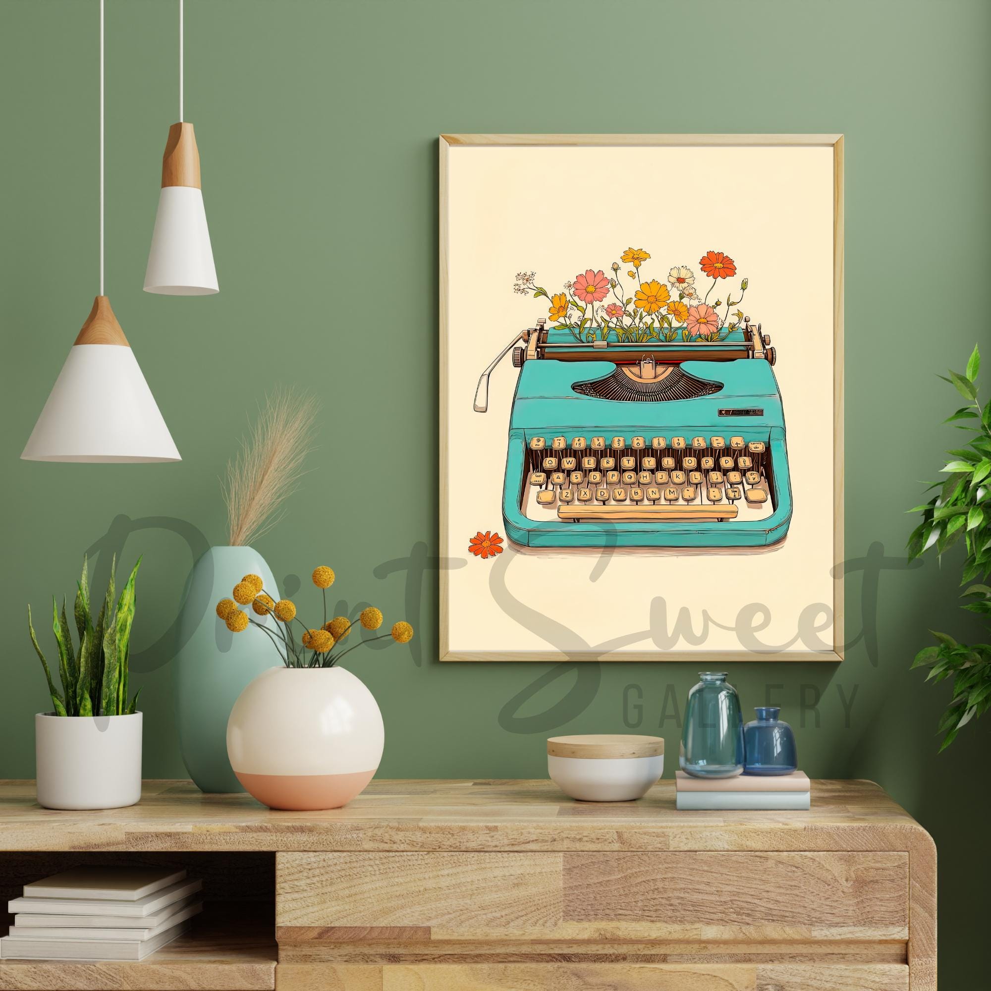 Vintage Typewriter With Flowers Art, Blue Typewriter With Floral Design ...