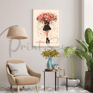 Girl With Floral Umbrella Art,summer Floral Girl Illustration,colorful ...