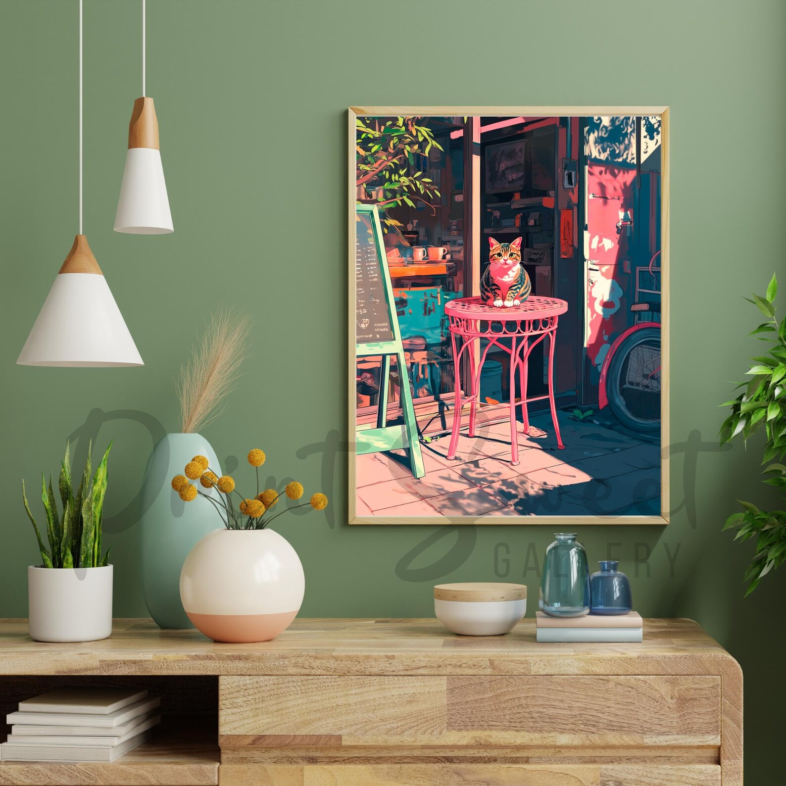 Cafe Cat Art, Street Cat Cafe Illustration, Cat Sitting Cafe Table Art ...