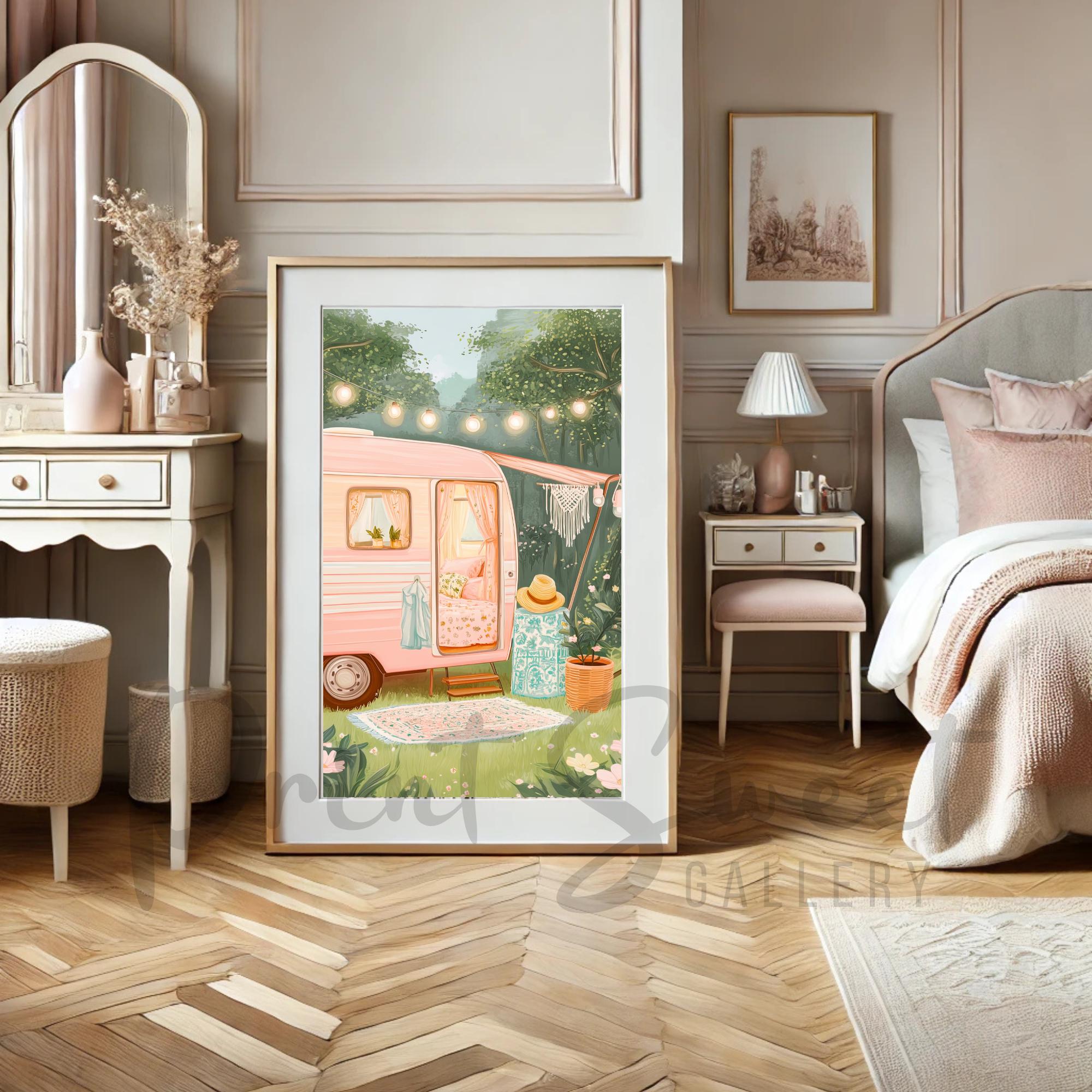 Illustration of the Exterior of a Vintage Caravan, Adorned With Soft ...