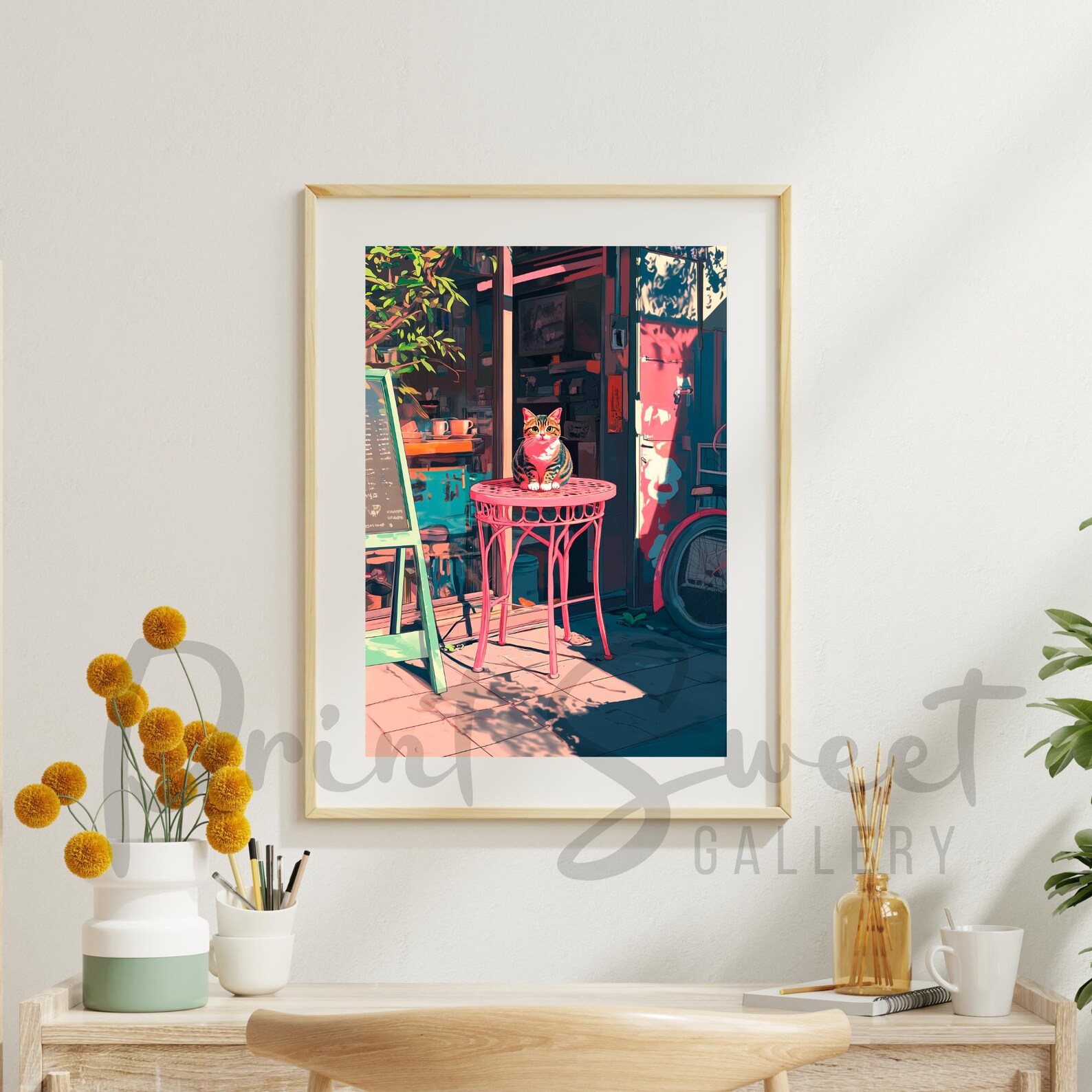 Cafe Cat Art, Street Cat Cafe Illustration, Cat Sitting Cafe Table Art ...
