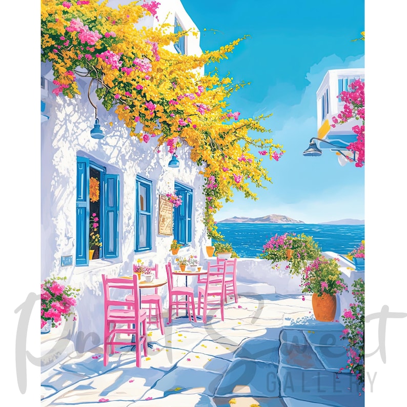 Greek Art Illustration: an Outdoor Cafe in Greece With Pink Tables and ...