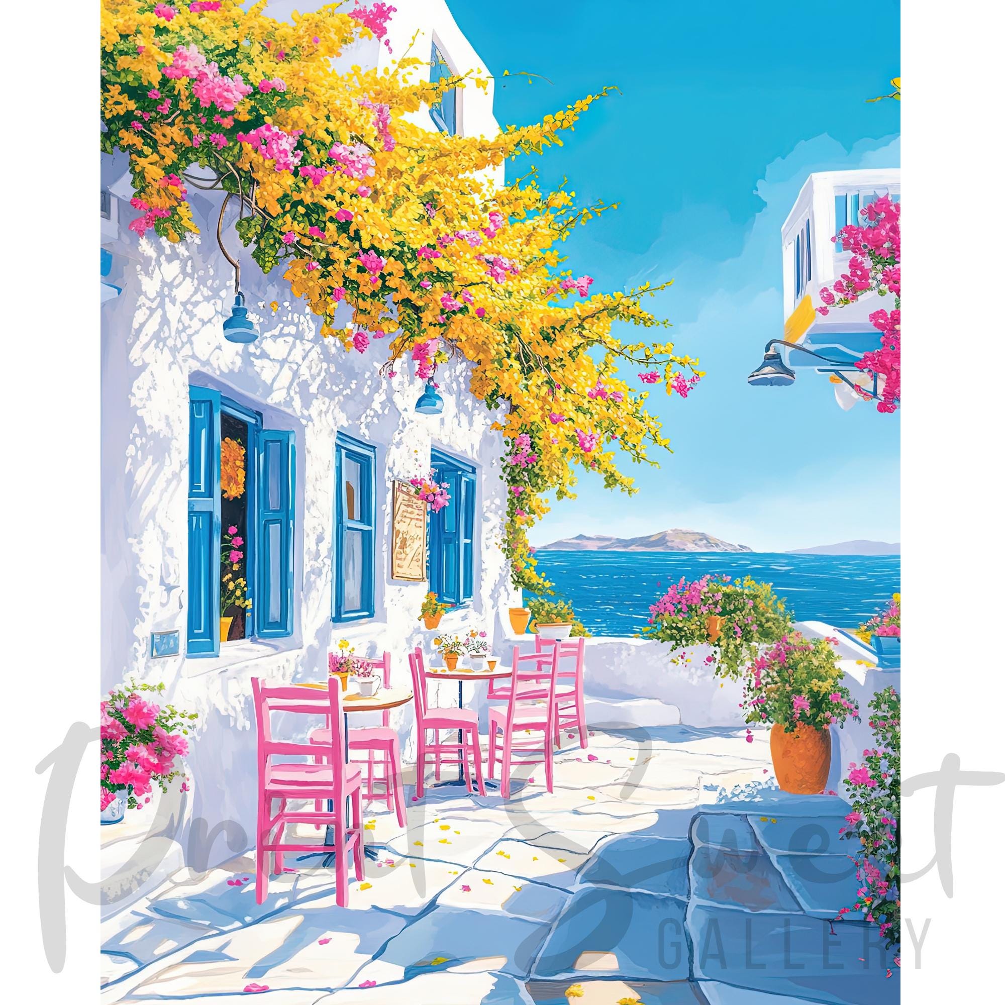 Greek Art Illustration: an Outdoor Cafe in Greece With Pink Tables and ...
