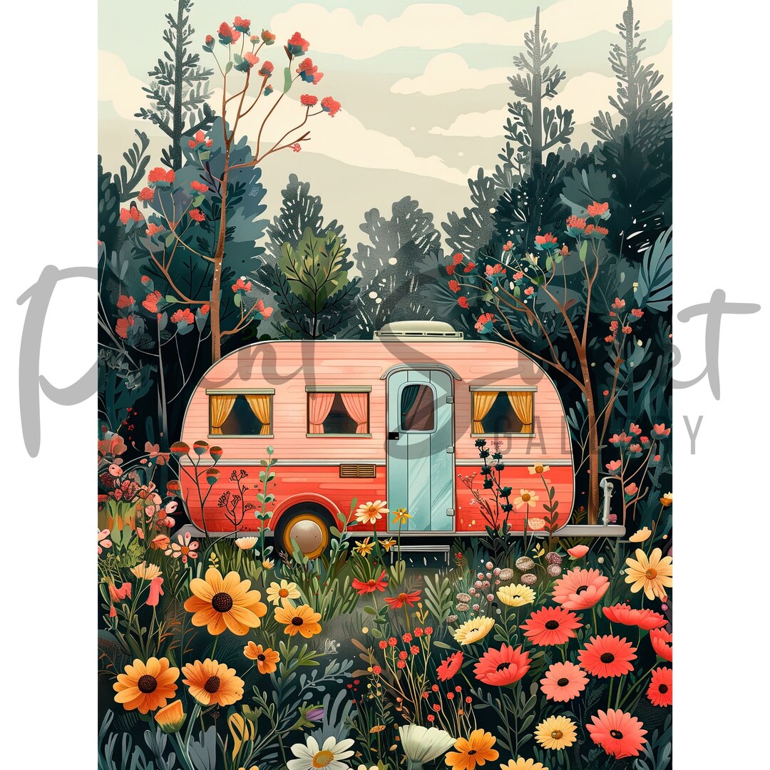 Floral Caravan Illustration,caravan in the Field With Flowers,digital ...