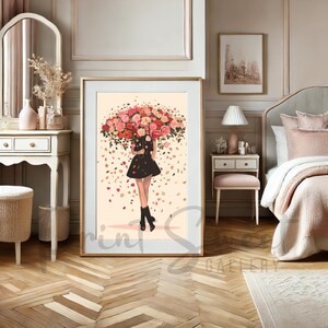 Girl With Floral Umbrella Art,summer Floral Girl Illustration,colorful ...
